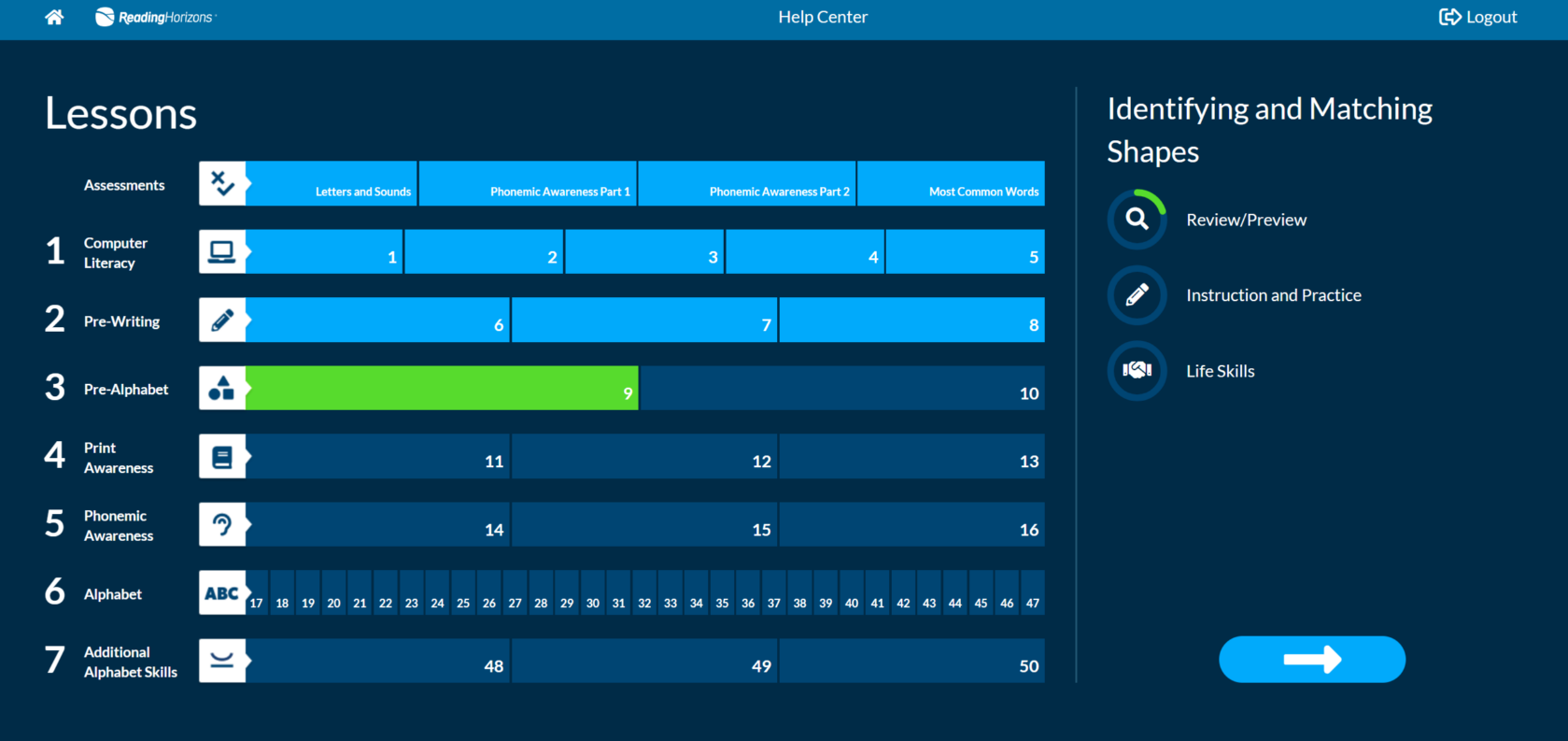 What does the Student Dashboard look like in Reading Horizons Launch Pad™?