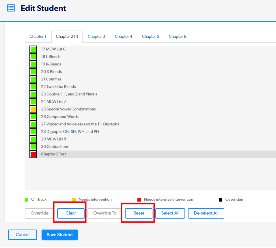 What is the difference between Clear and Reset in the Lesson Overrides ...