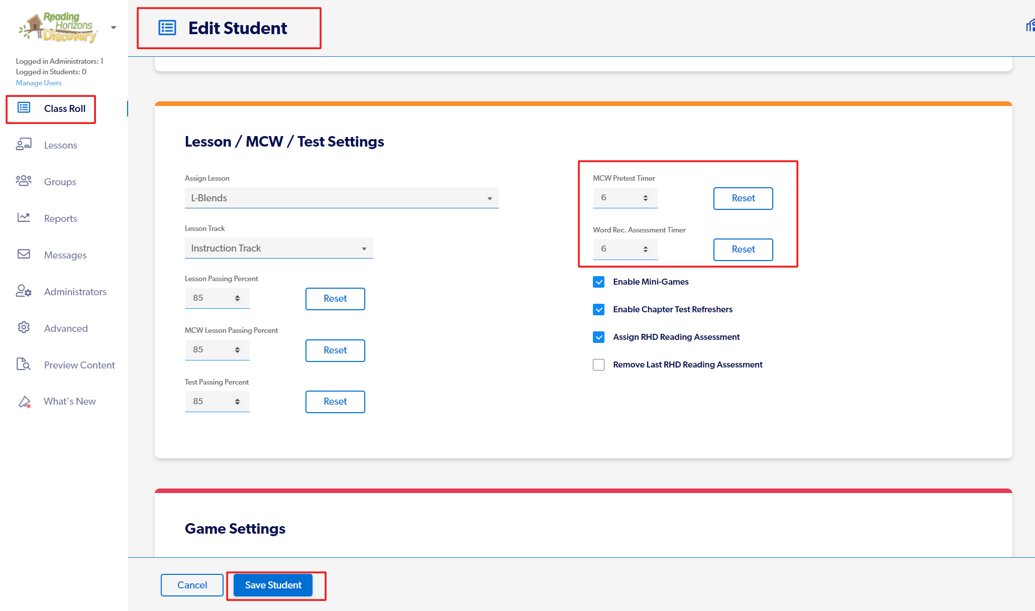 How can I change the time allotted for a student to select the words in ...