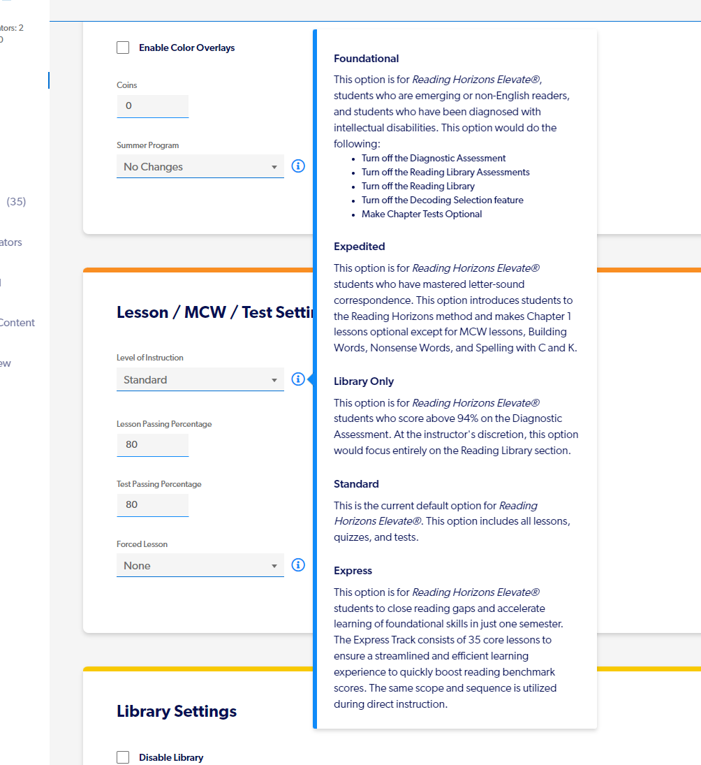 Level of Instruction Options in the Reading Horizons Elevate® Software.