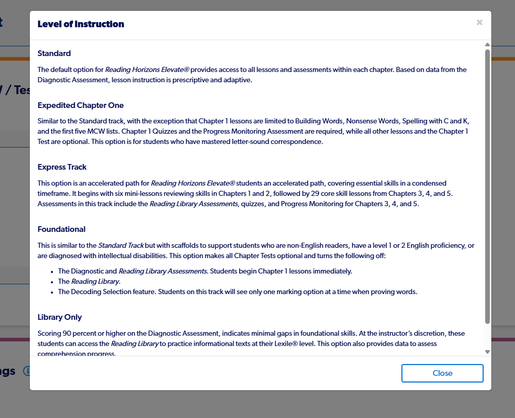 Level of Instruction Options in the Reading Horizons Elevate® Software.