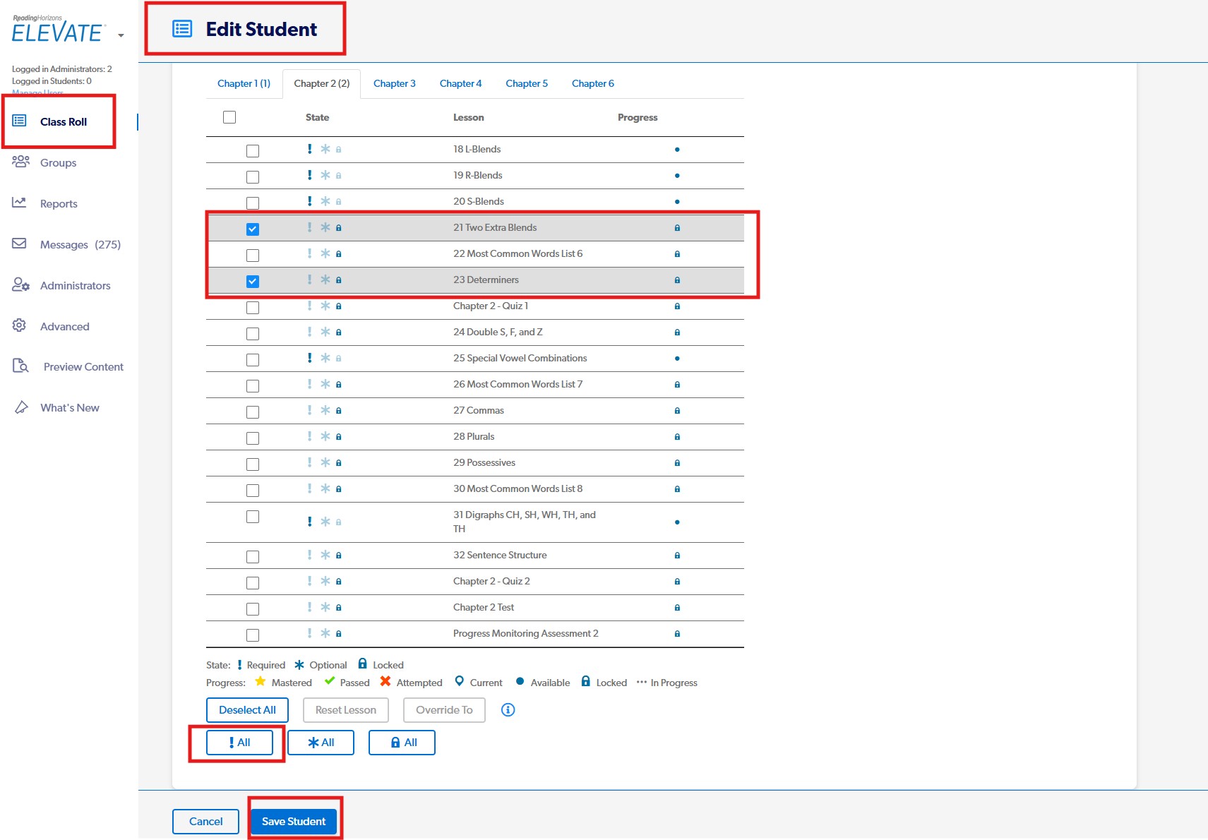 Making a Lesson Required in Reading Horizons® Elevate